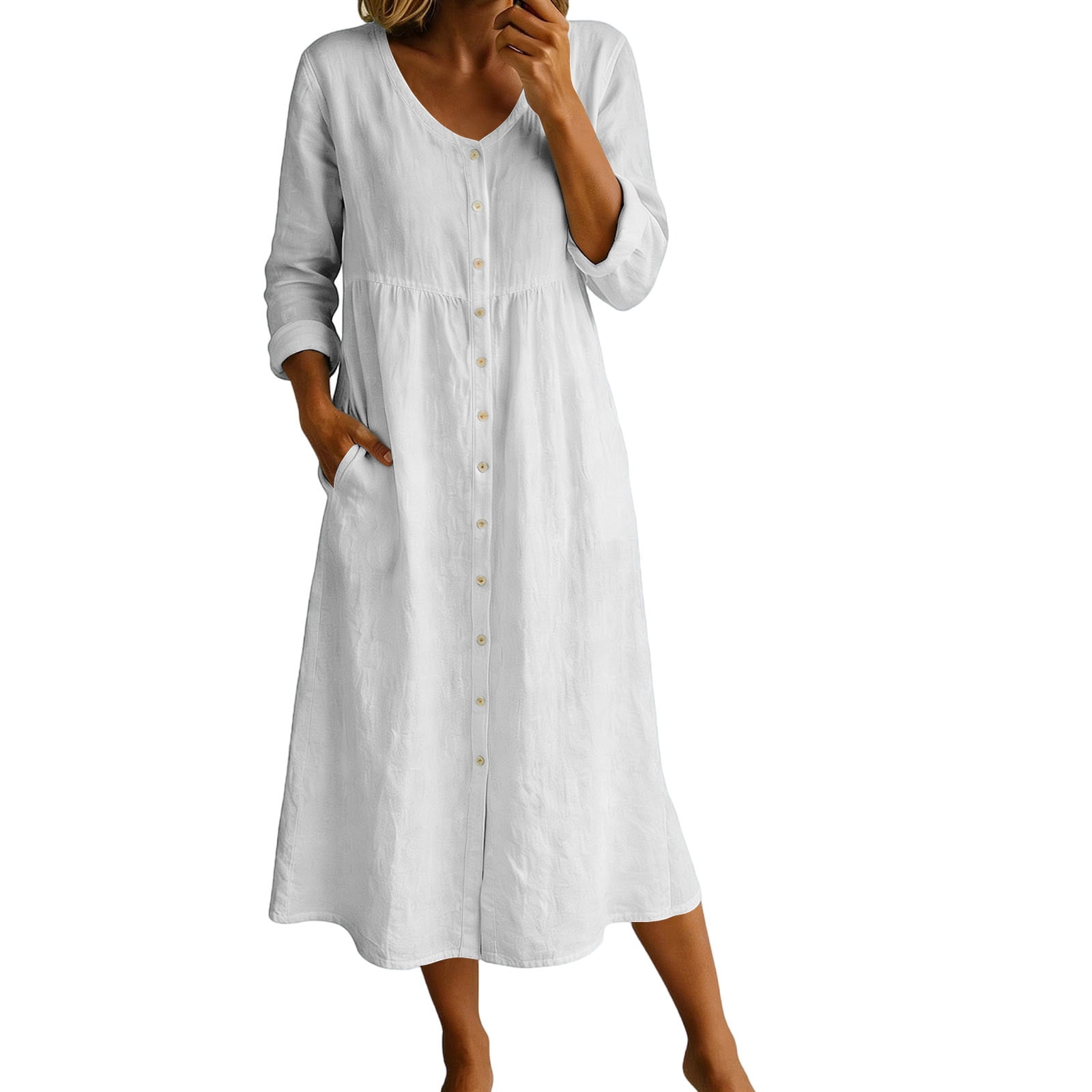 aohooy Women's Linen Midi Dress Long Sleeve V Neck Button Down Casual ...