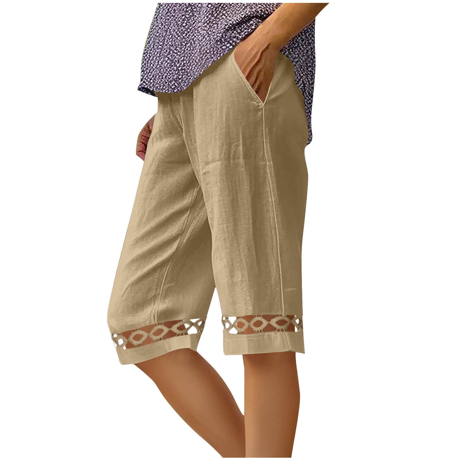 aohooy Women's Linen Shorts Casual Knee Length Straight Leg Bermuda ...