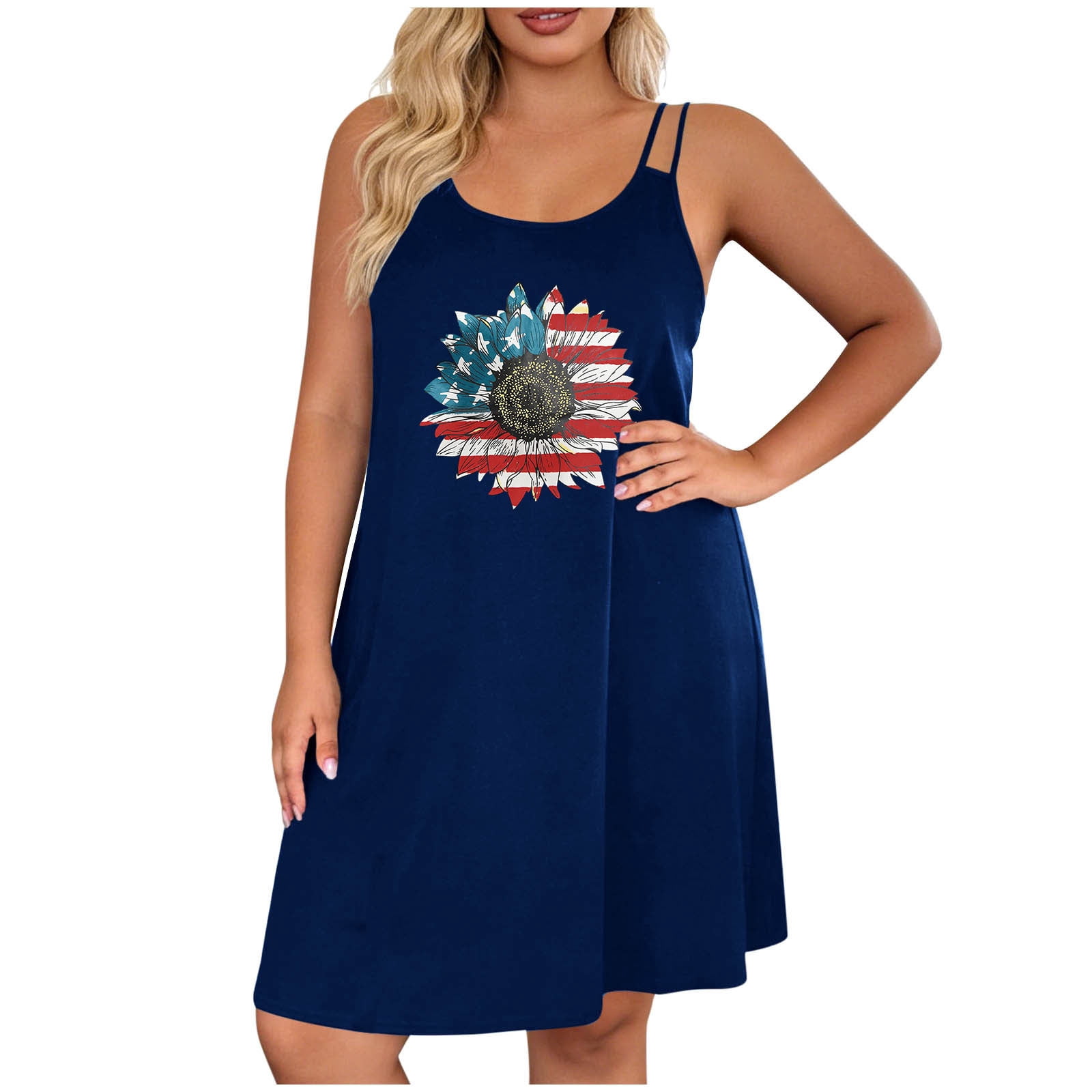aohooy Women's Patriotic Dress Spaghetti Strap Summer Flowy Sundress ...