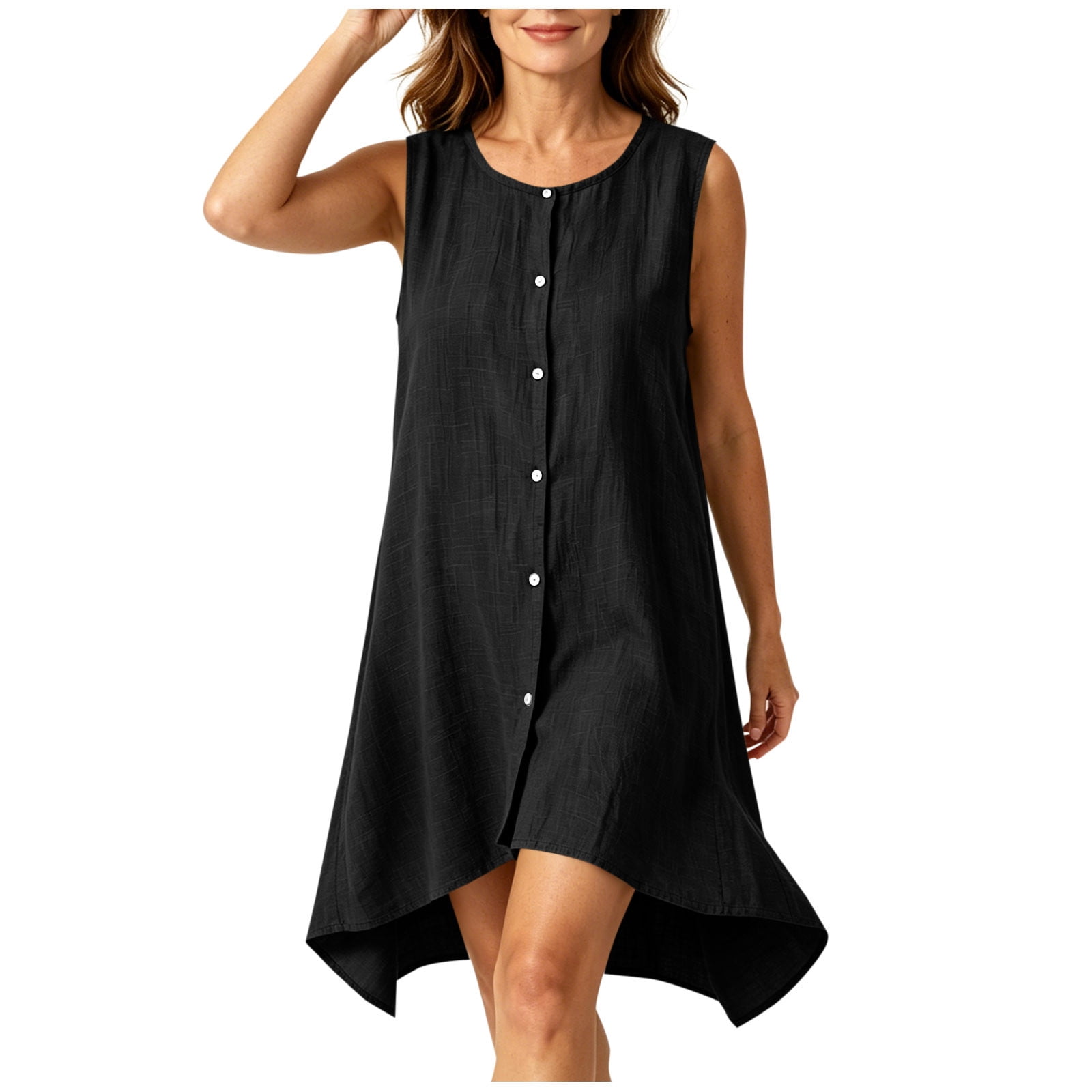 aohooy Women's Sleeveless Button Front Mini Shirt Dress Round Neck High ...