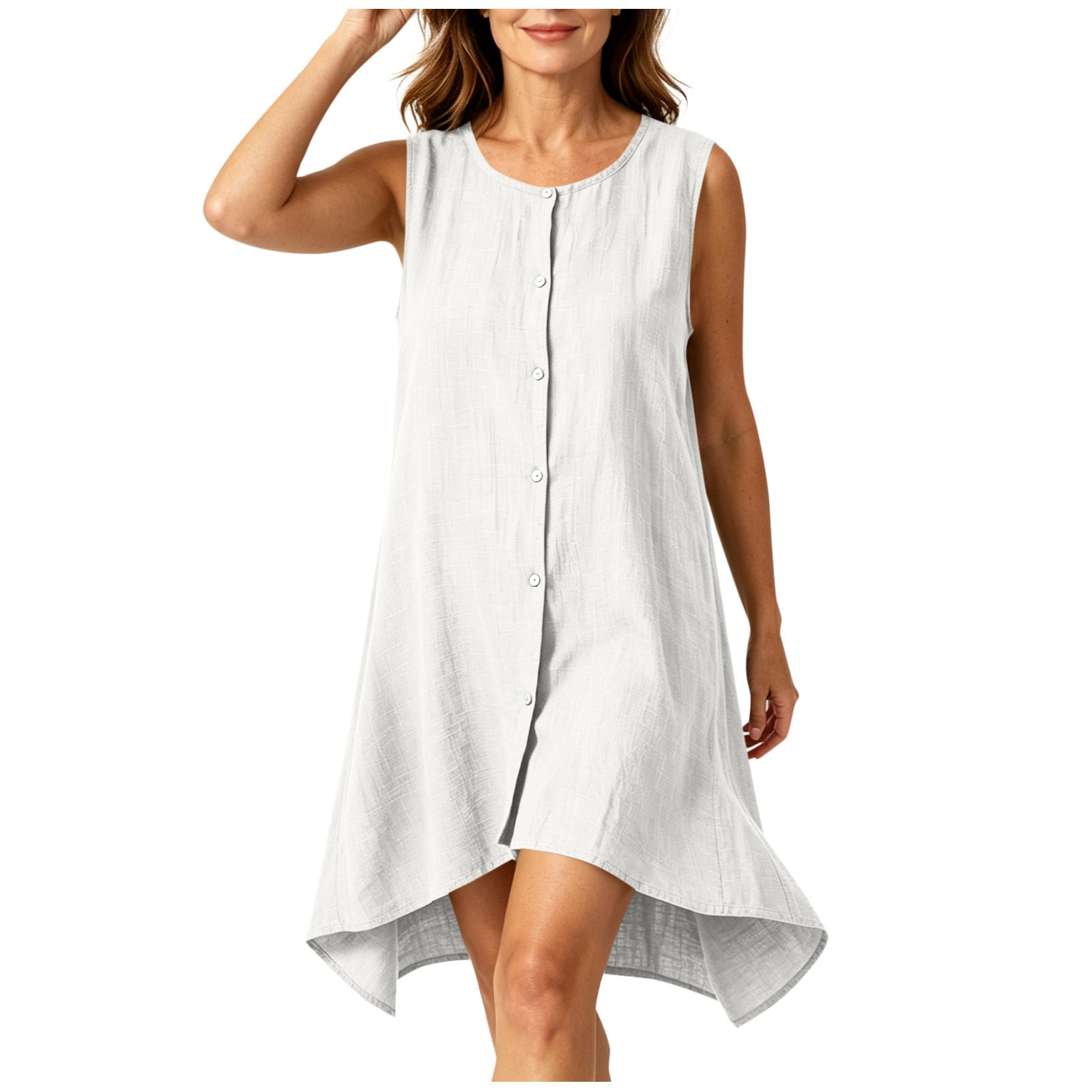 aohooy Women's Sleeveless Button Front Mini Shirt Dress Round Neck High ...