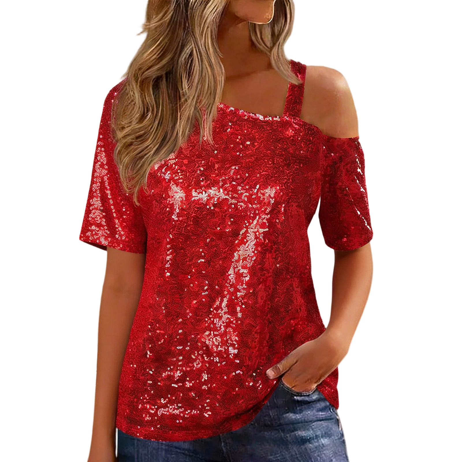 aohooy Women's Sparkly Sequin Tops One/Off the Shoulder Short Sleeve ...