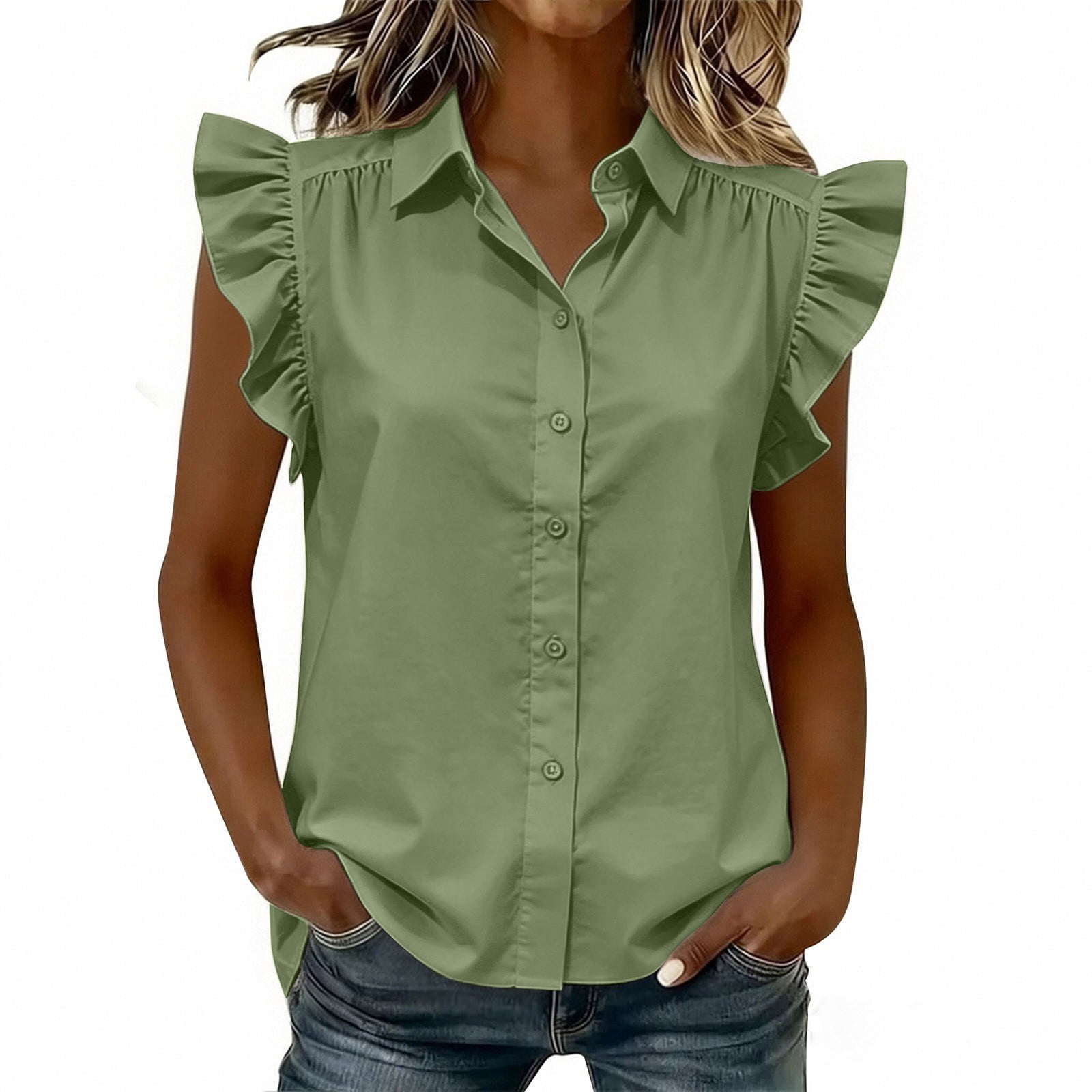 aohooy Women's Summer Blouses Ruffle Cap Sleeve Button Down Shirt ...