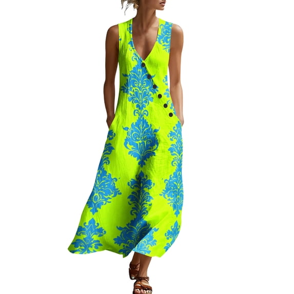 aohooy Women's Summer Maxi Dress Graphic Casual V Neck Sleeveless Beach ...