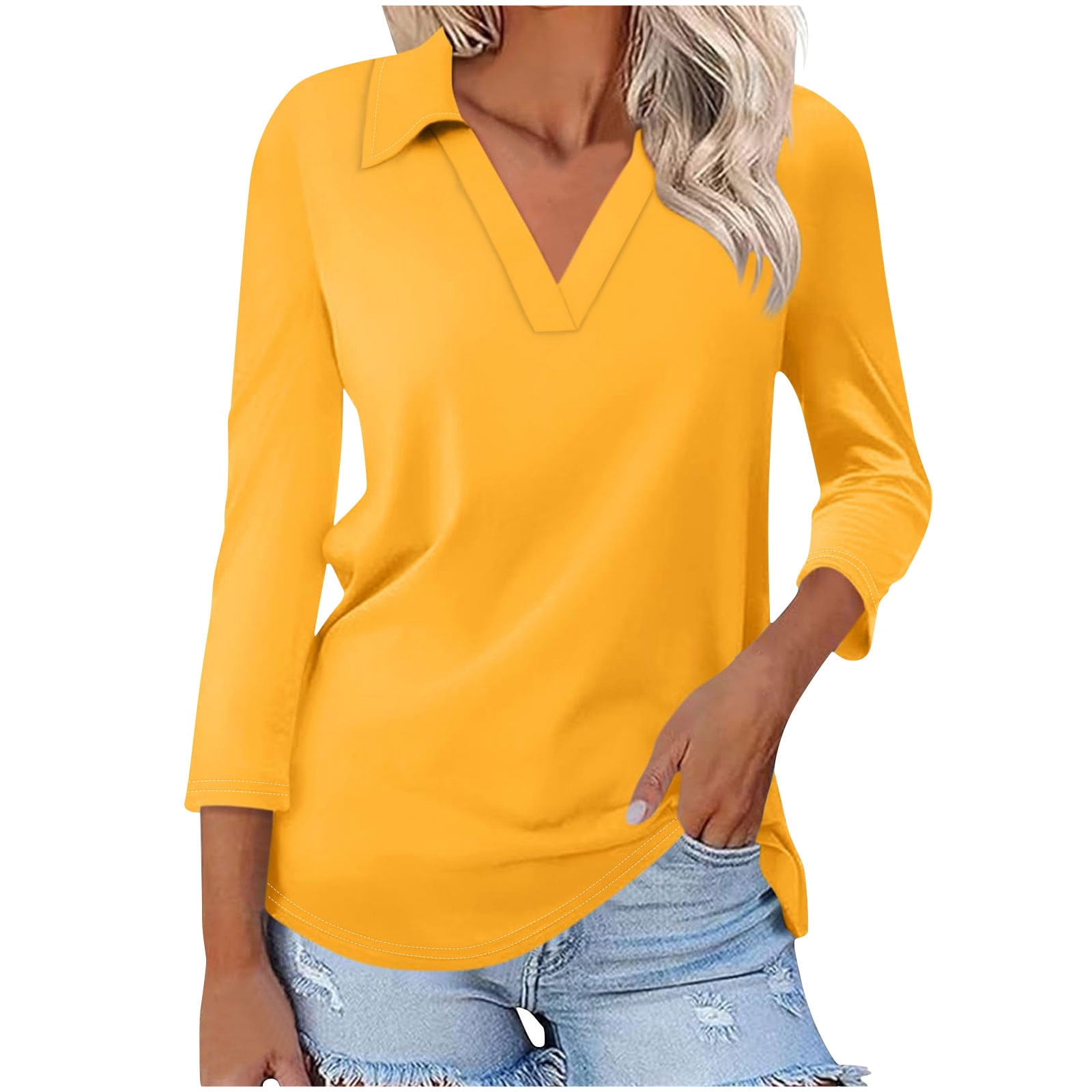 aohooy Womens 3/4 Sleeve Tops V Neck Work Polo Shirts Elegant Dressy ...