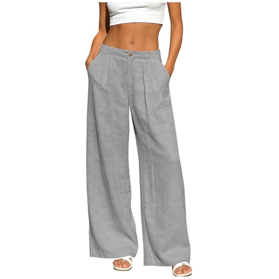 aohooy Womens Button Dressy Wide Leg Linen Pants Summer High Waisted ...