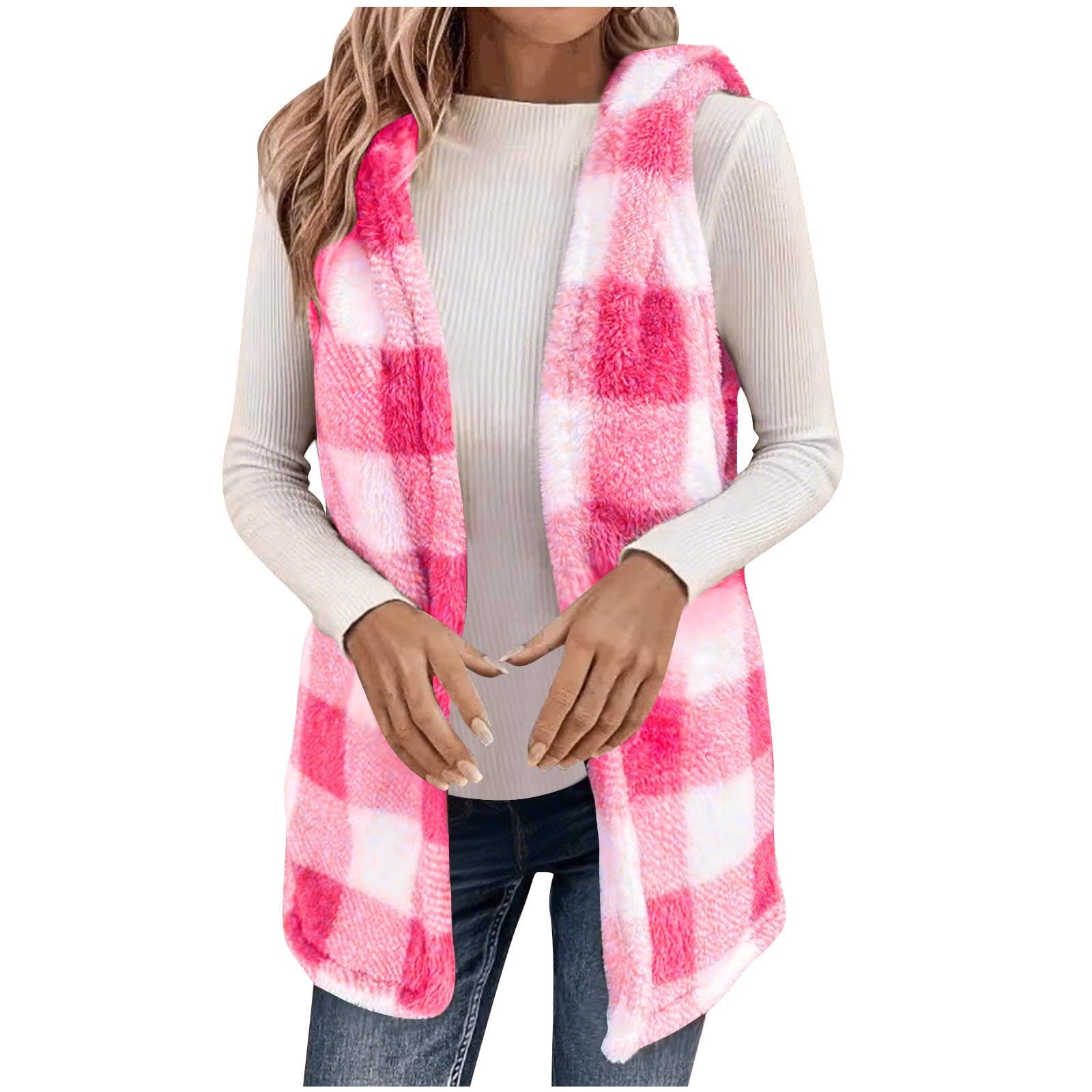 aohooy Womens Fashion Vests Plaid Open Front Sherpa Hooded Vest Fuzzy ...