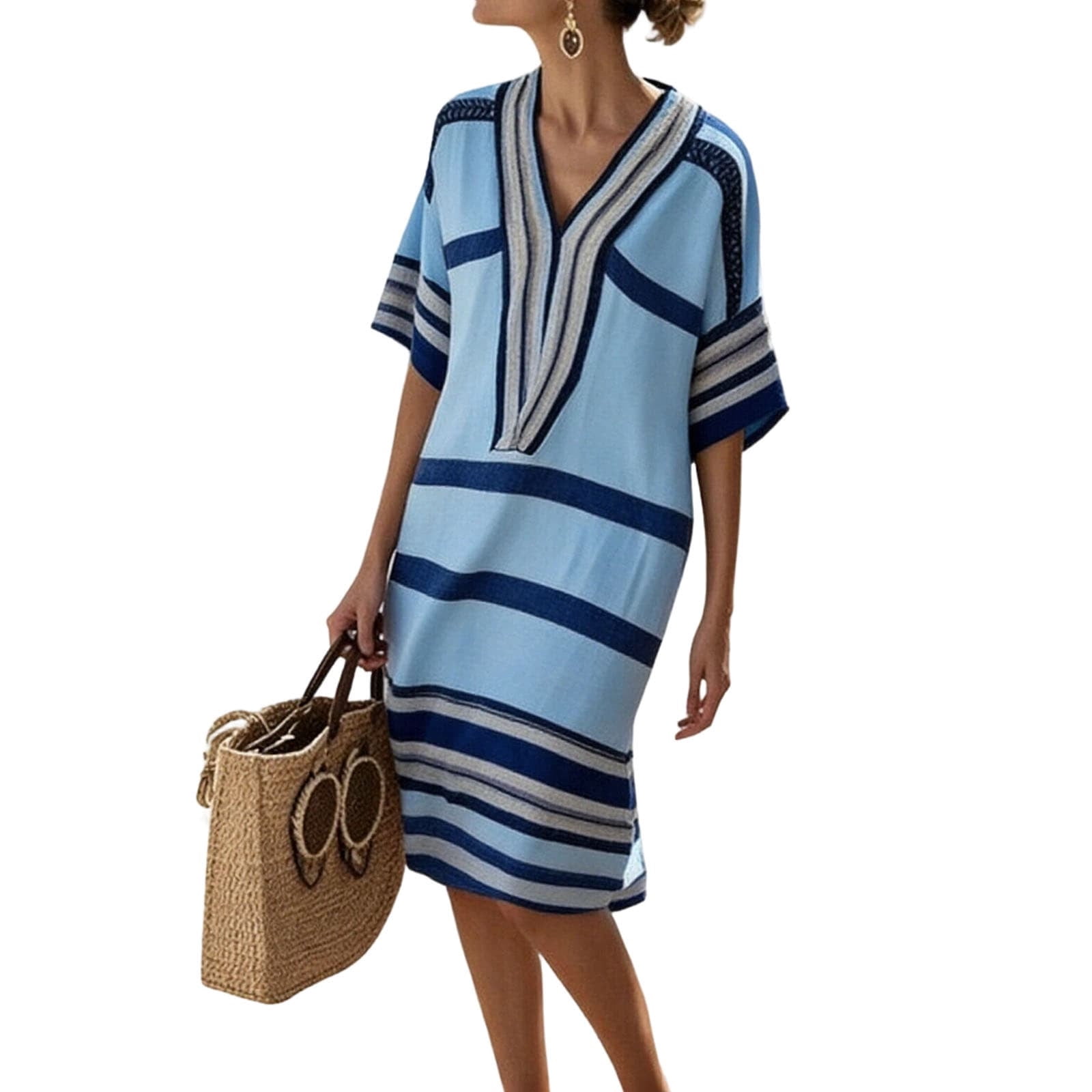 aohooy Womens Half Sleeve Midi Dress Striped Knee Length Summer V Neck ...