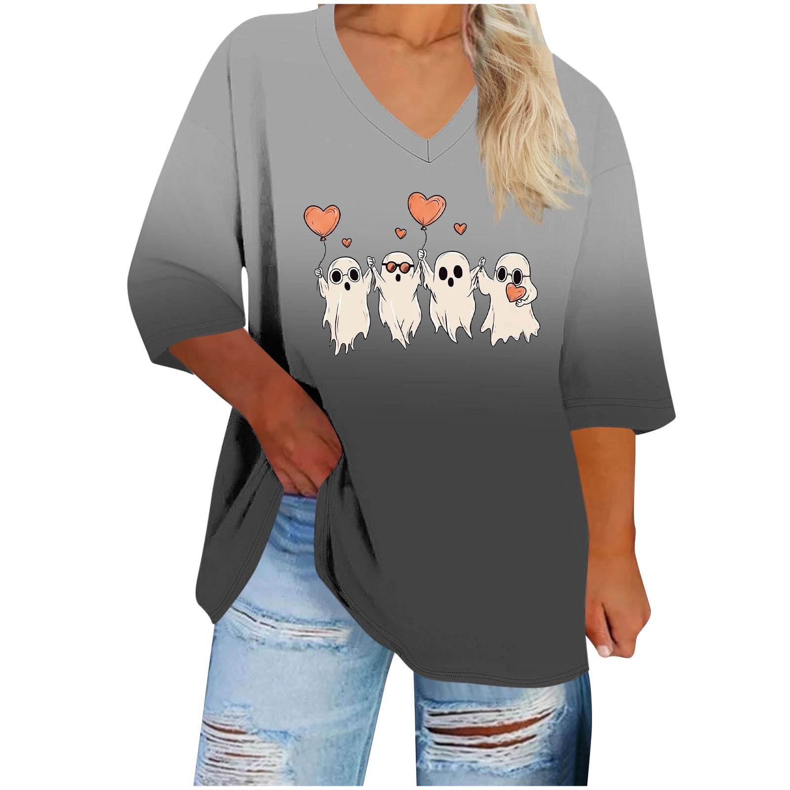 aohooy Womens Halloween Shirt Plus Size Ghost Witch Pumpkin Print 3/4 ...