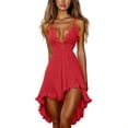 aohooy Womens Linen High Low Dress Ruffle Deep V Neck Mini Spaghetti ...