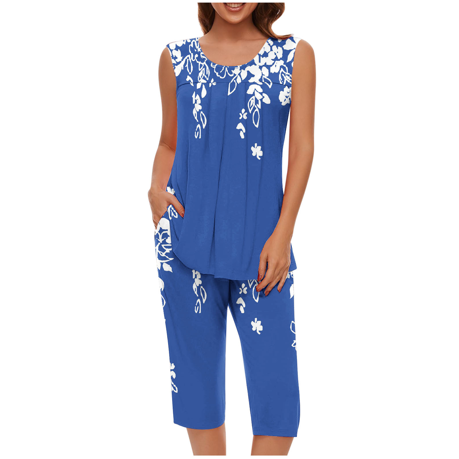 aohooy Womens Pajama Sets Trendy Floral Print Sleeveless Pleated Top ...