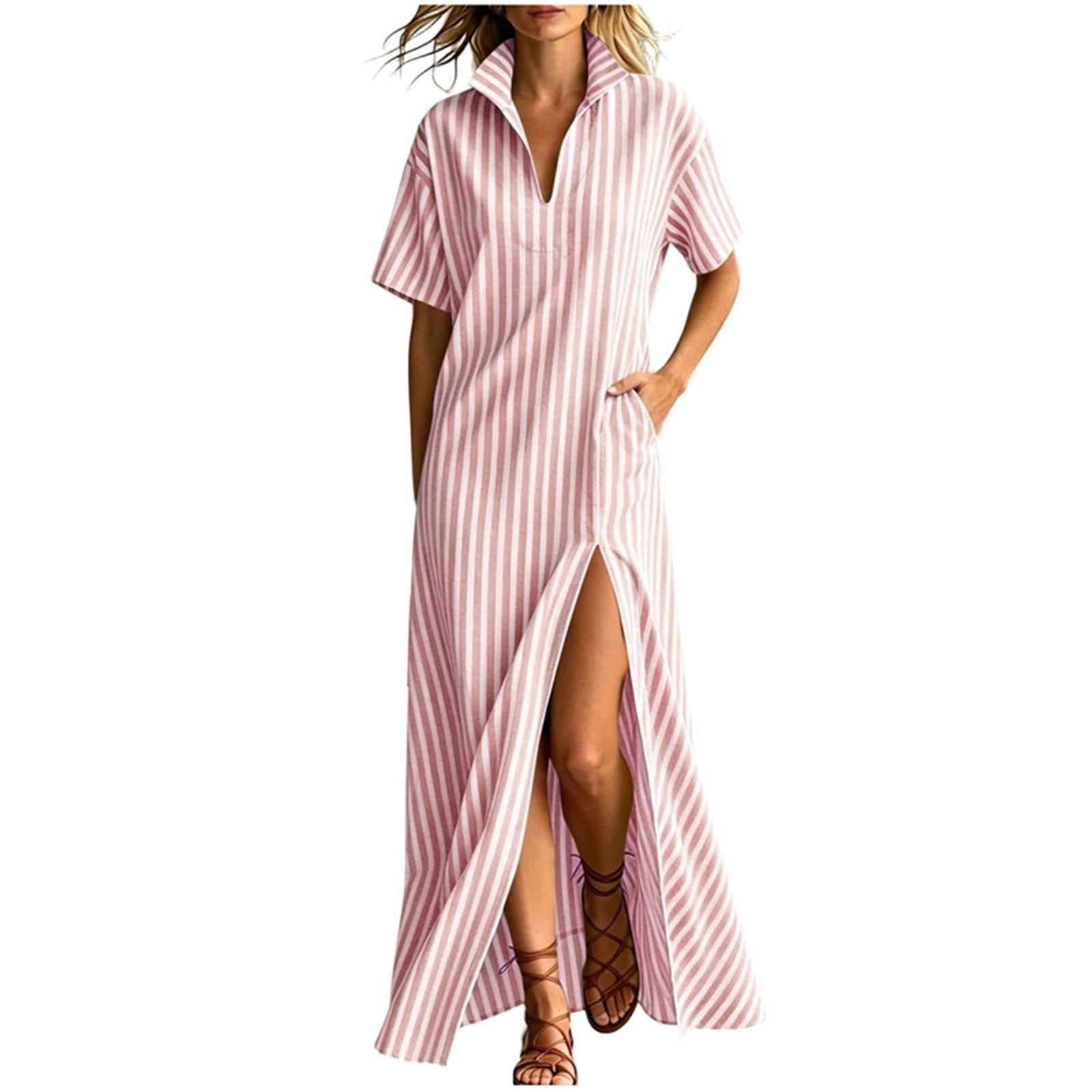 aohooy Womens Summer Striped Maxi Dress Short Sleeve V Neck Tunic Long ...