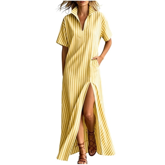 aohooy Womens Summer Striped Maxi Dress Short Sleeve V Neck Tunic Long ...