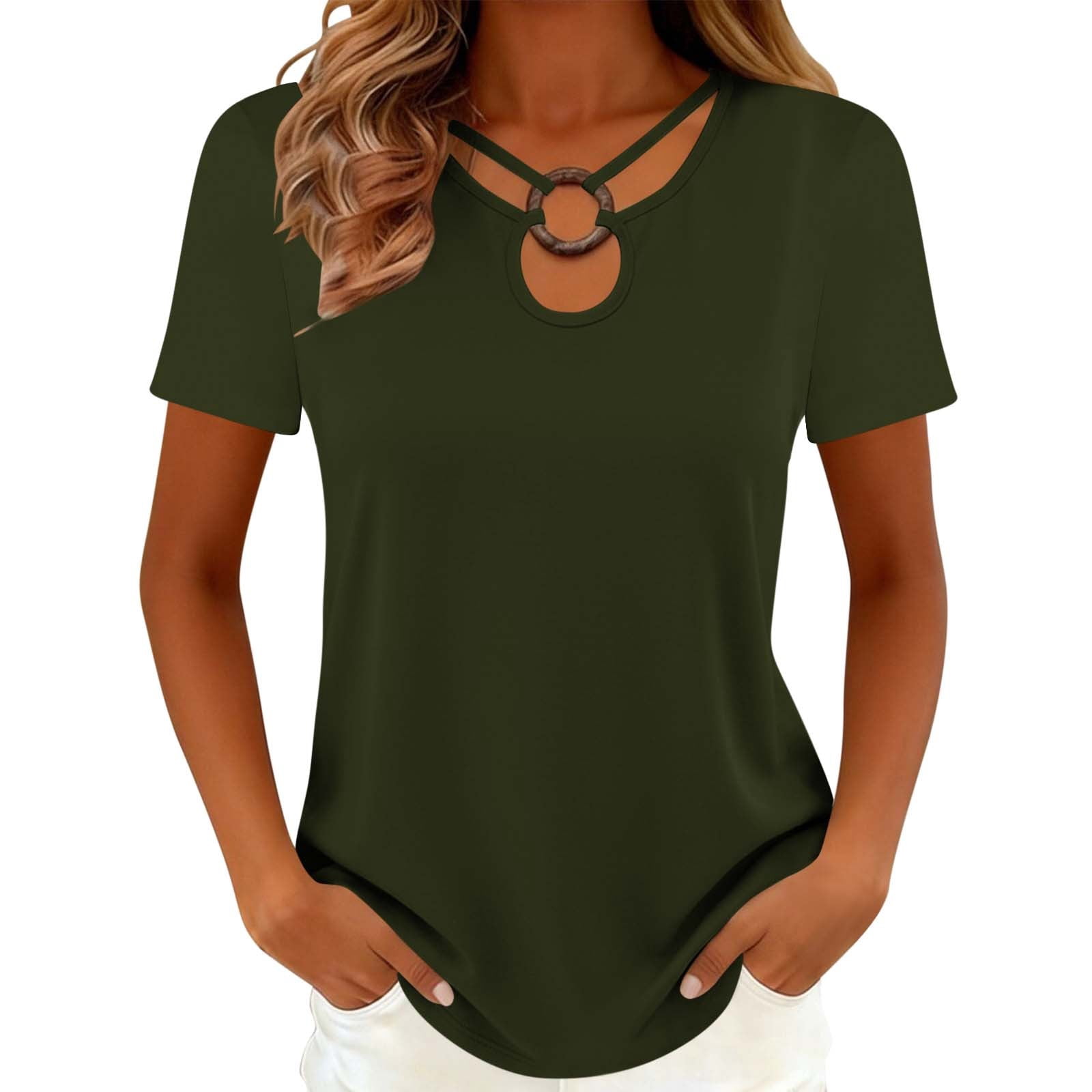 aohooy Womens Summer Tops Keyhole Neck Ring Cutout Top Dressy Trendy ...