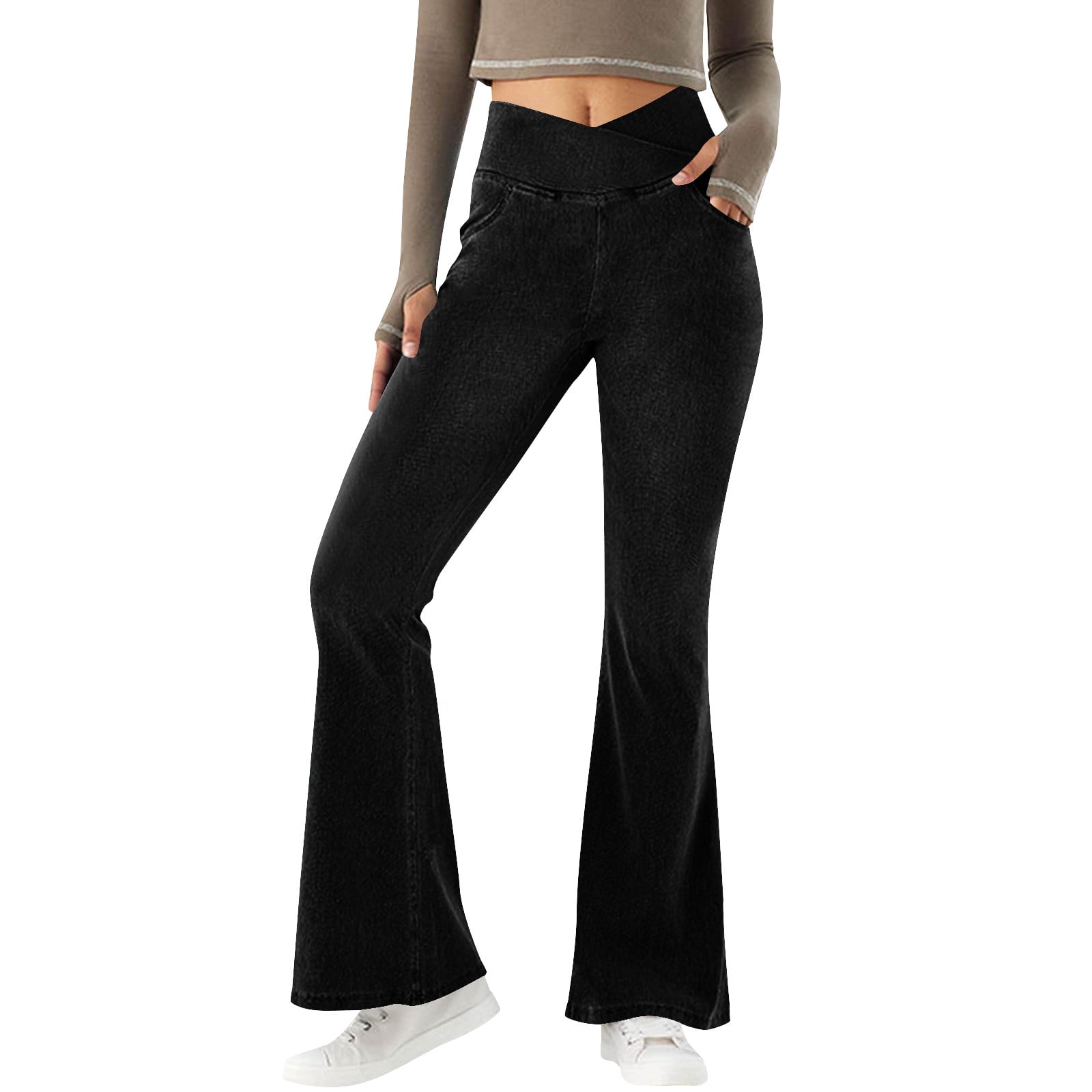 aohooy Womens Thick Leggings Bell Bottom High Waisted Stretchy Flare ...