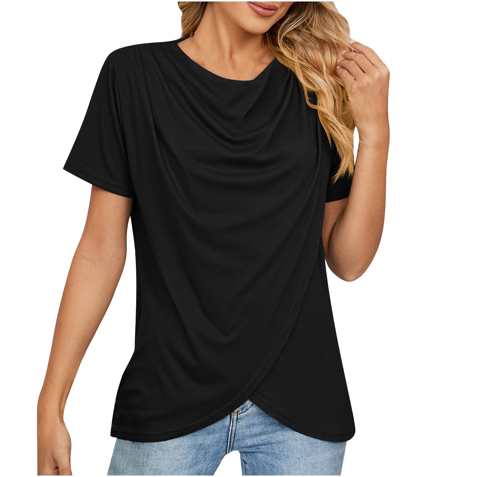 aoksee Tops for Women, Women's Round Neck High Low Wrap Front Split Hem ...
