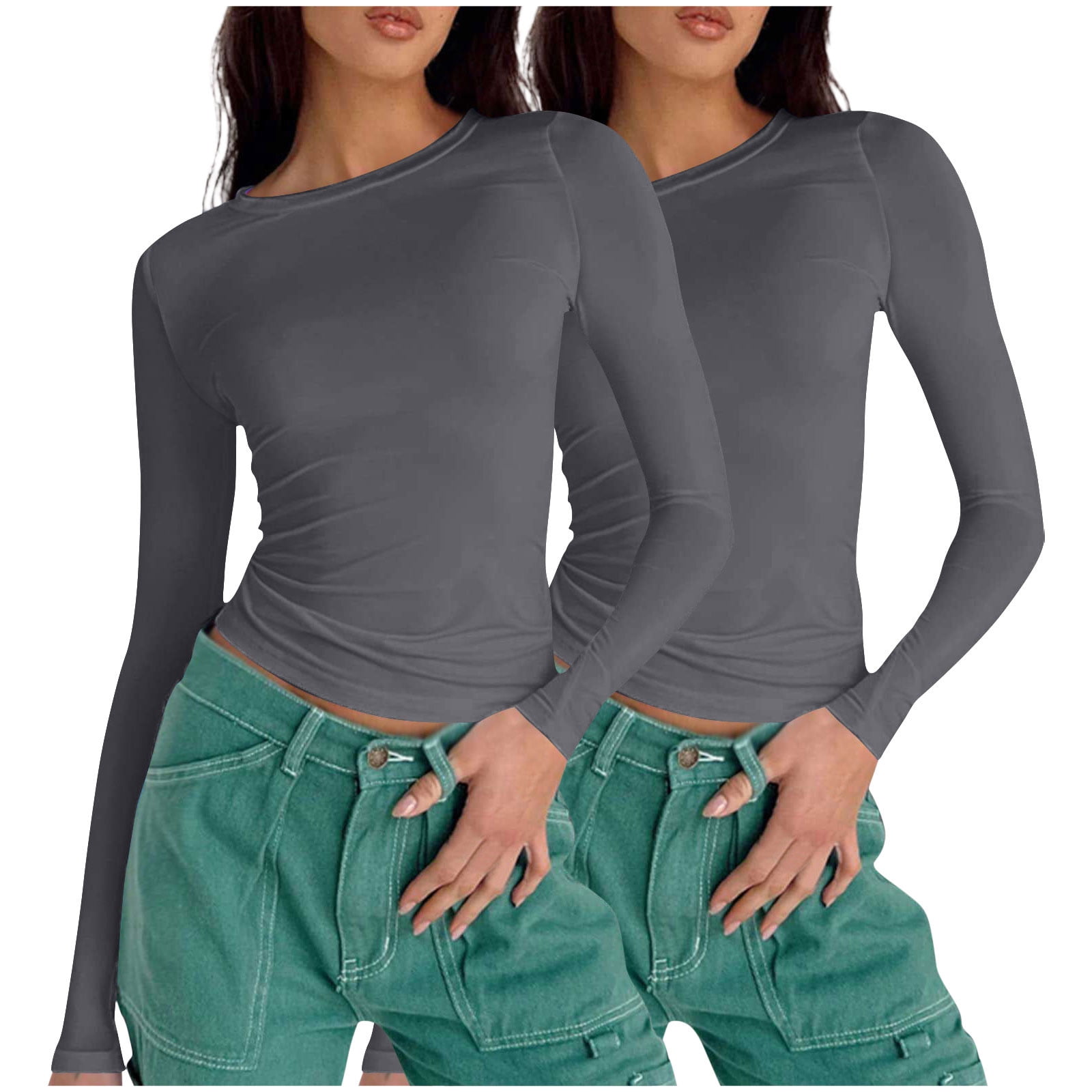 Womens Tops, 2PC Long Sleeve Shirts for Women Soft Crew Neck Fall Basic ...