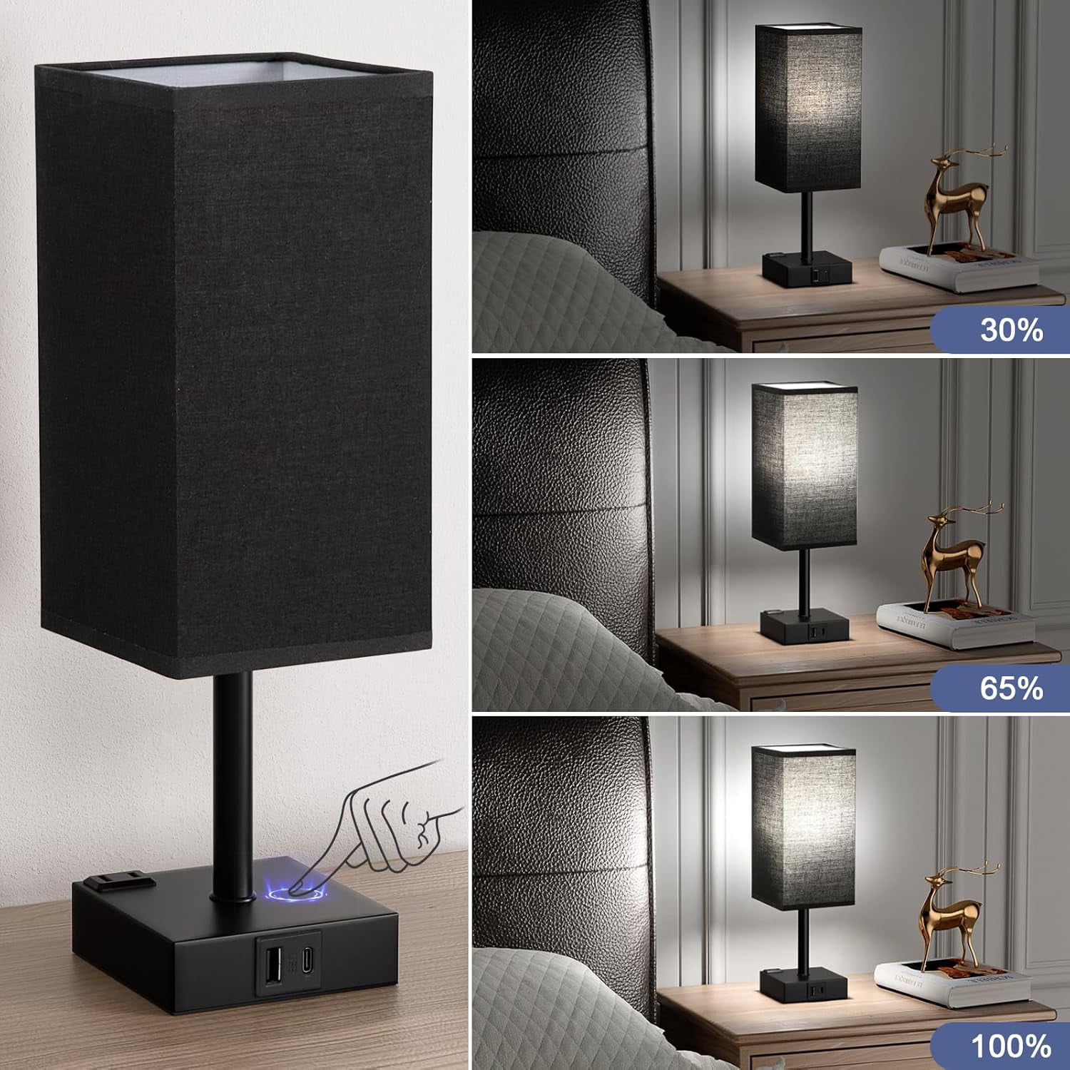 aooshine Black Lamp for Nightstand - Touch Table Lamp with Type C + A ...