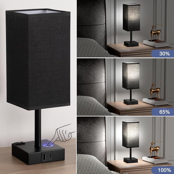aooshine Black Lamp for Nightstand - Touch Table Lamp with Type C + A ...