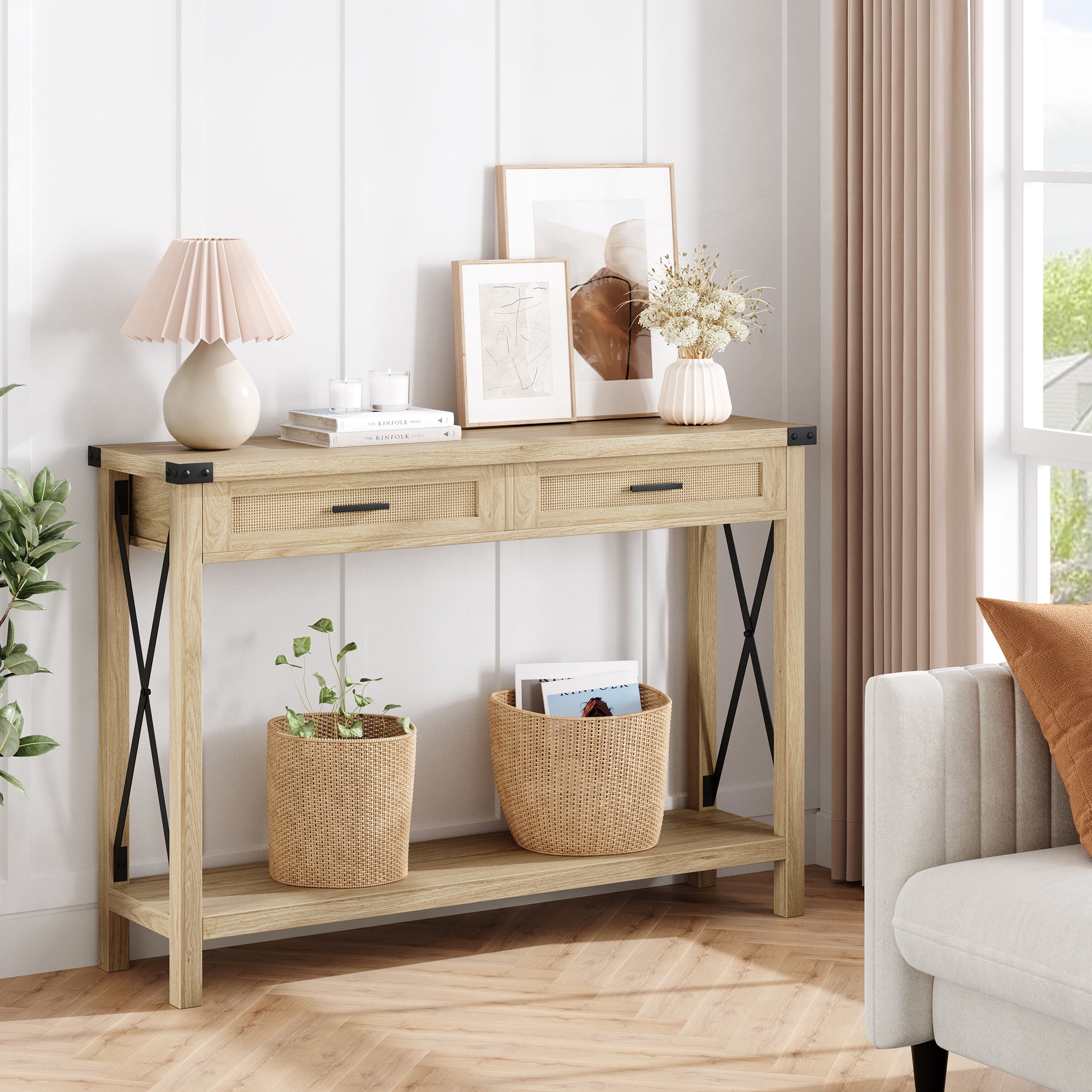 armhouse Entryway Table, Grey Console Table with Rattan Drawers, 43 ...