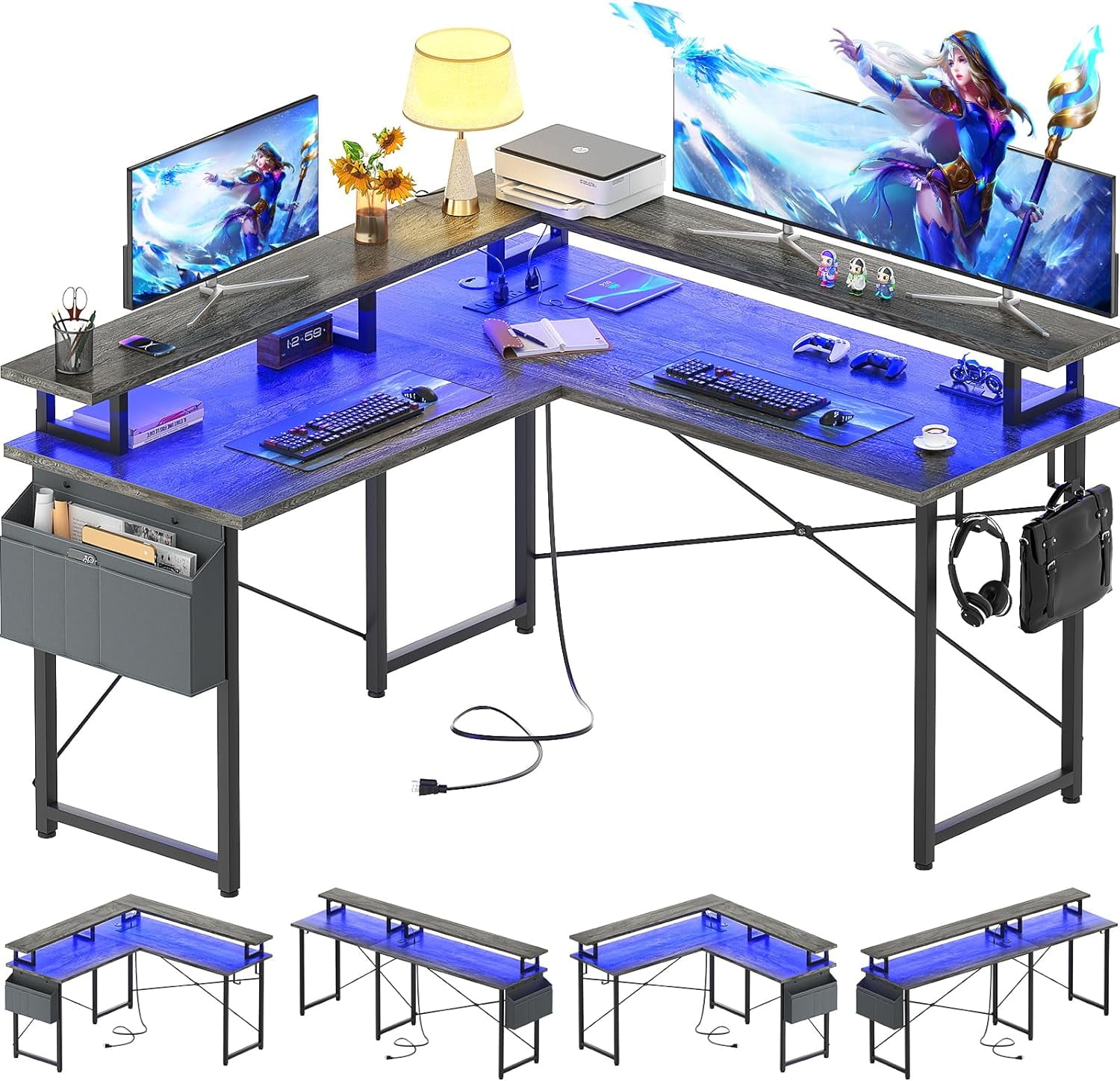 armocity L Shaped Computer Desk with Power Outlets, Gaming Desk L ...