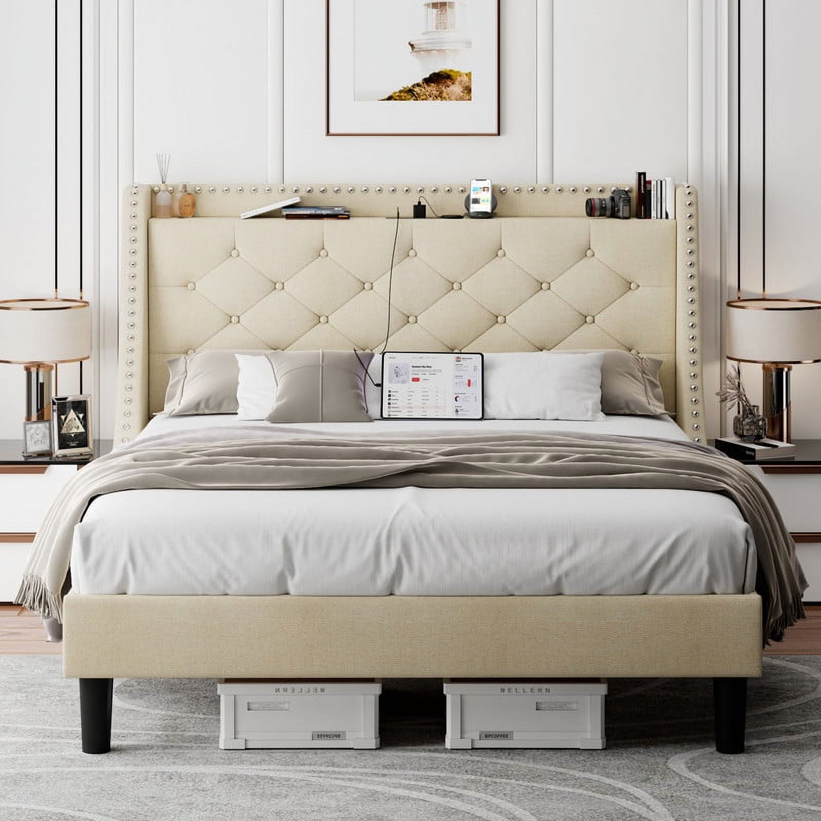 art Xuan King Bed Frame with Upholstered Wingback Button Tufted Storage ...