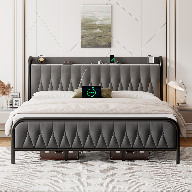 art Xuan King Bed Frame with Type-C & USB Ports,12" Underbed Storage ...