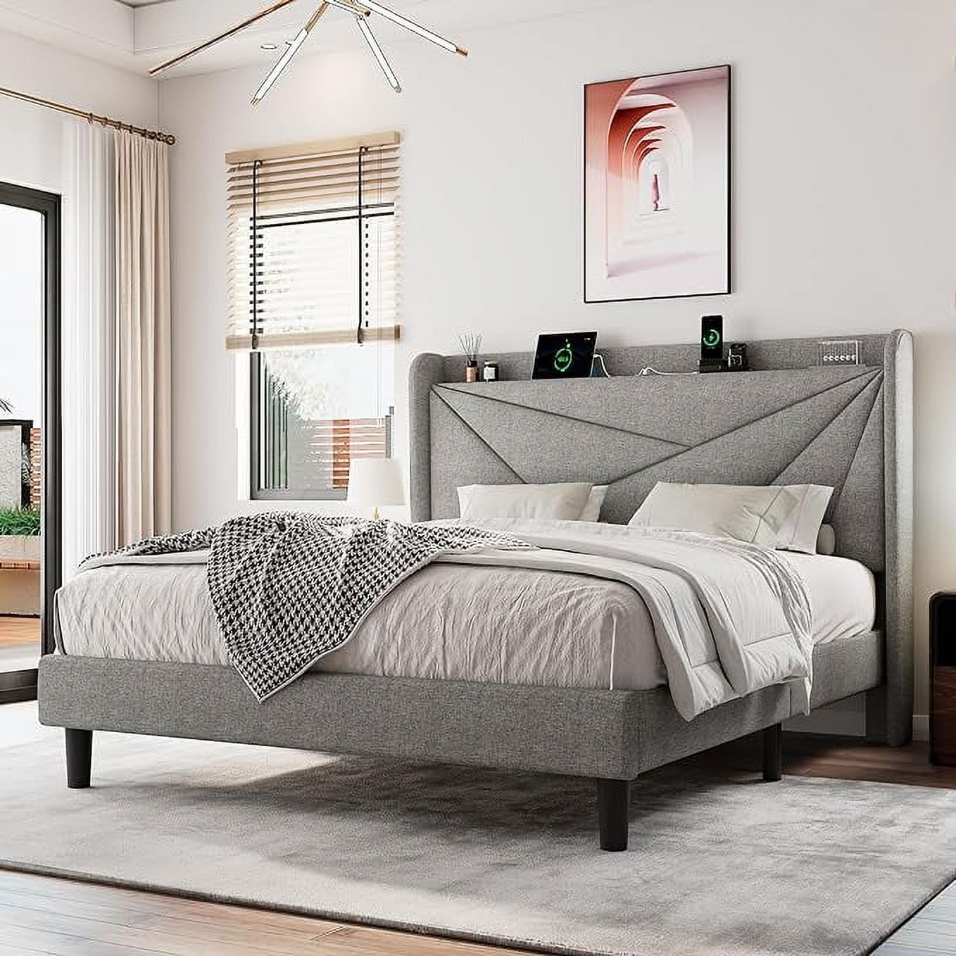 art Xuan King Size Bed Frame with Charging Station ,Upholstered ...