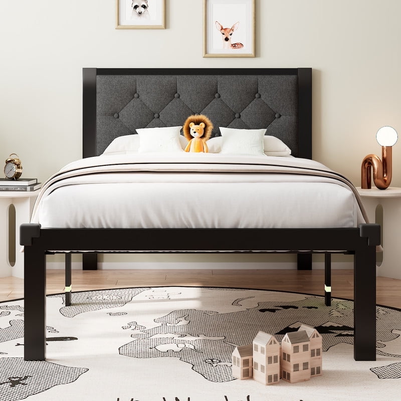 art Xuan Queen Bed Frame with Linen Soft Padded Tufted Headboard, Heavy-Duty Metal Slat ...