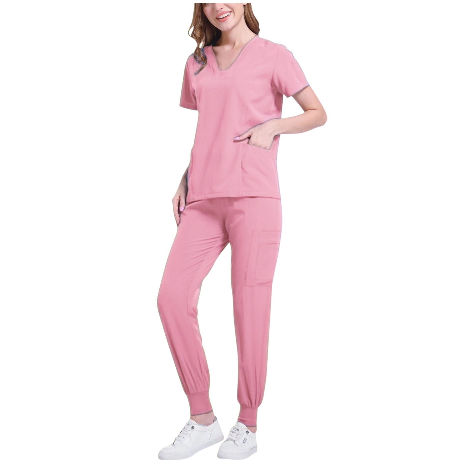 asdoklhq Black Scrubs Sets for Women Solid Color LooseAnkle Cuff Pants ...