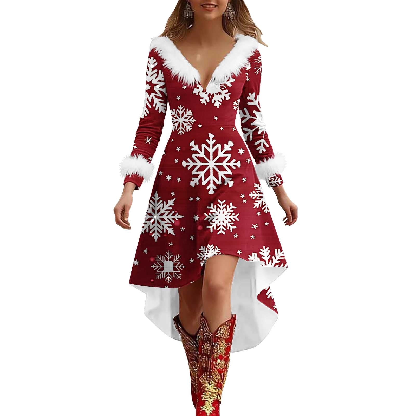 asdoklhq Christmas Dresses for Women Ladies' Christmas Printed V-neck ...