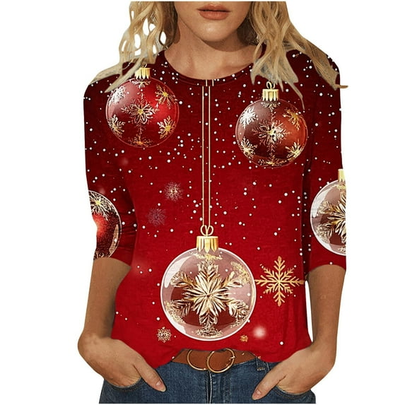 asdoklhq Christmas Long Sleeve T Shirt Women Christmas Printed Round ...