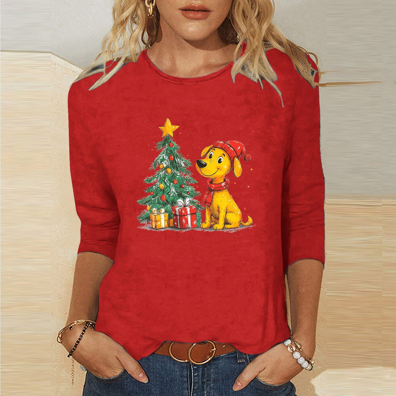 asdoklhq Christmas Shirts for Women Fashion Woman Casual Round Neck ...