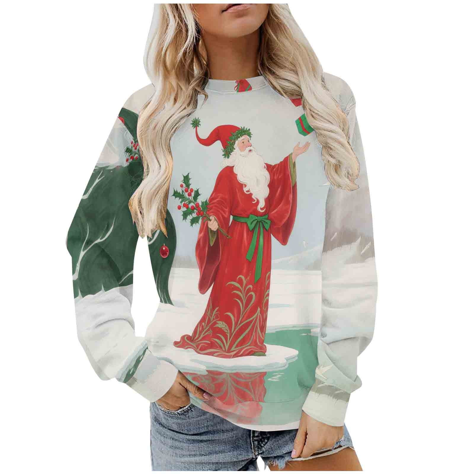 asdoklhq Christmas Shirts for Women's Christmas Solid-color Round-neck ...