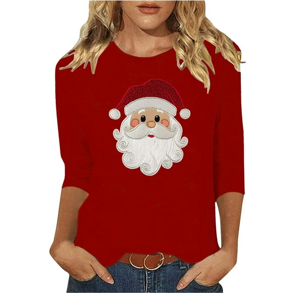 asdoklhq Christmas Sweatshirt Ladies' Christmas Round Neck 3/4 Sleeve T ...