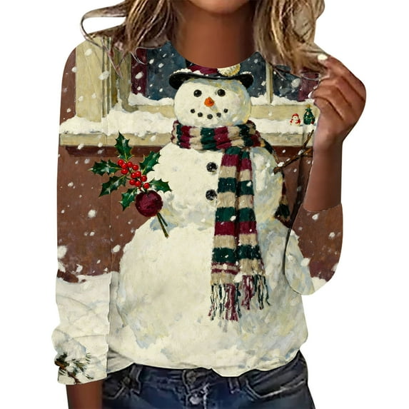 asdoklhq Christmas T Shirts for Women Christmas Printed Round Neck Long ...