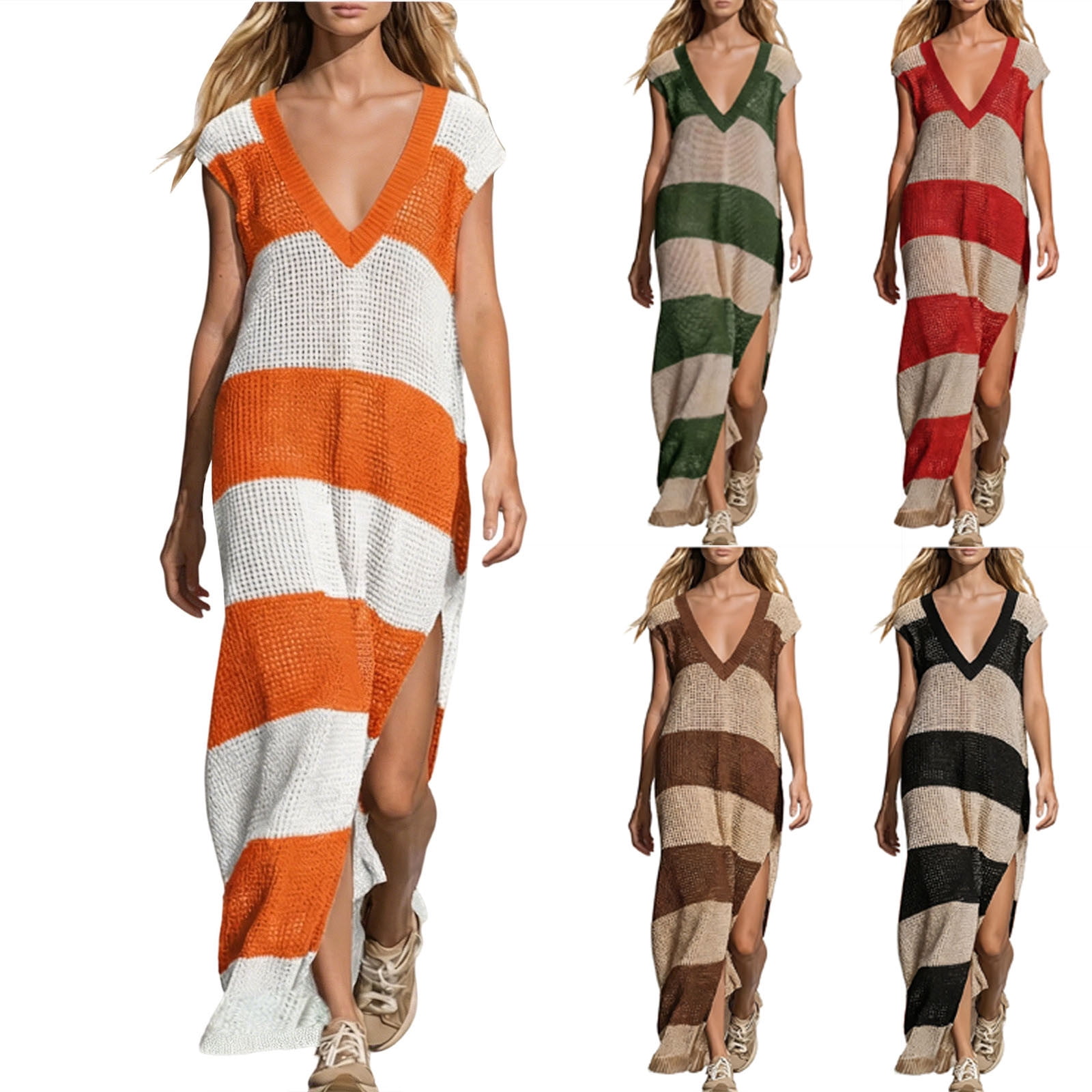 asdoklhq Church Dresses for Women Boho Dresses Summer Striped V Neck ...
