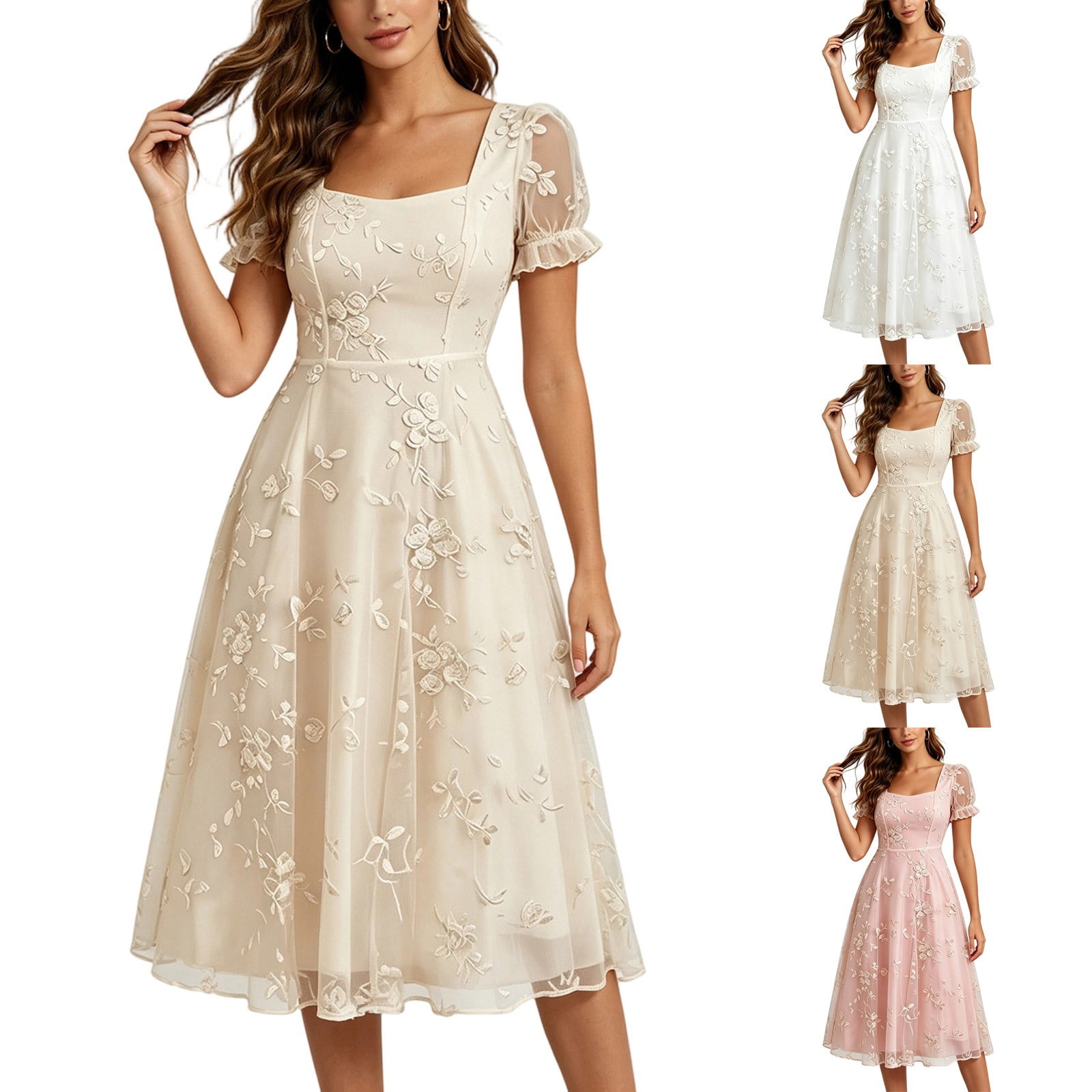 asdoklhq Cocktail Dresses Elegant Dresses Elegant Neckline Puff Sleeves ...
