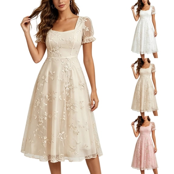 asdoklhq Cocktail Dresses Elegant Dresses Elegant Neckline Puff Sleeves ...