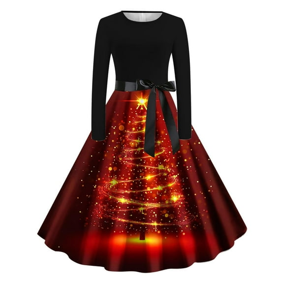 asdoklhq Cocktail Dresses for Women Long-sleeved Round-neck Christmas ...