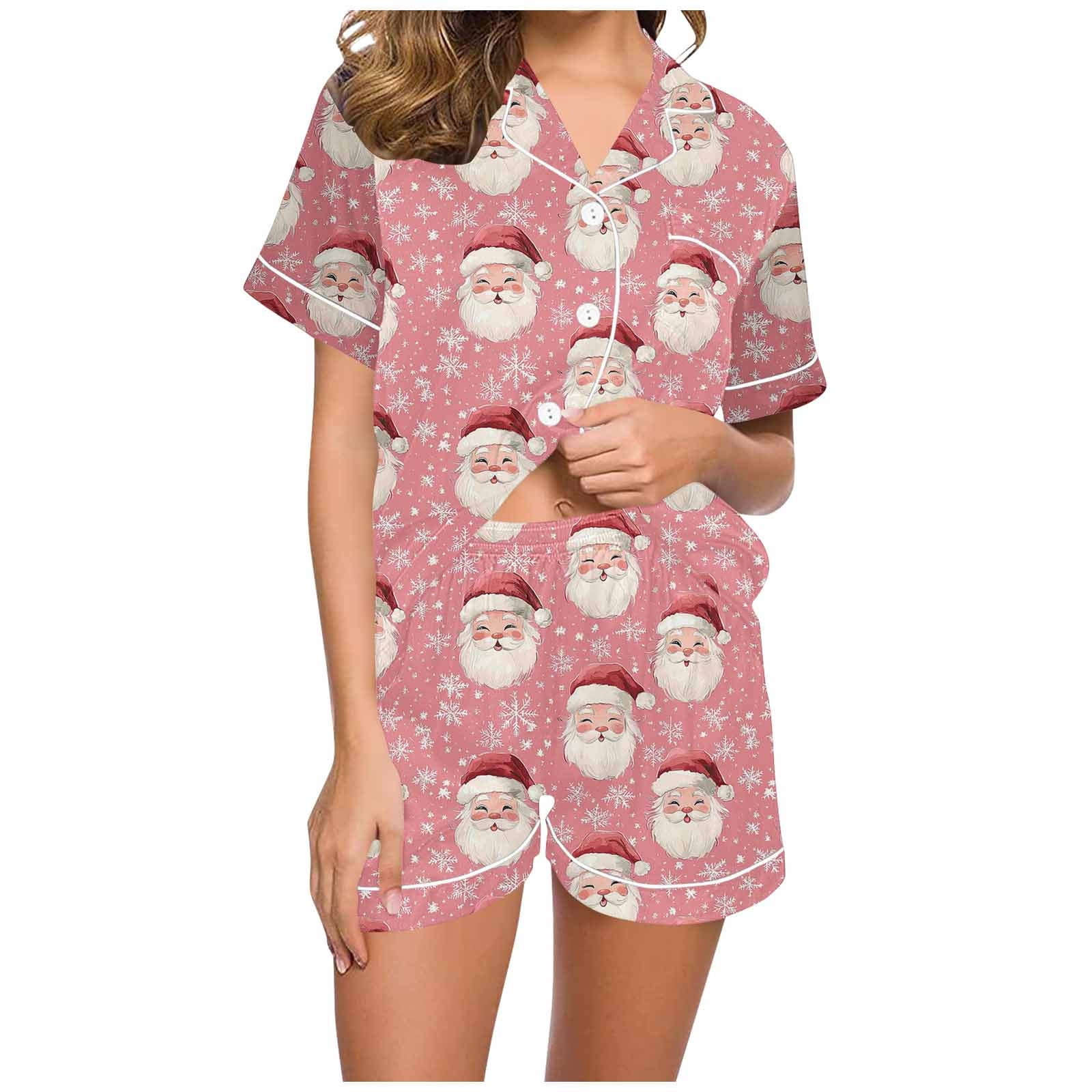 asdoklhq Cotton Pajamas for Women Set Women Christmas Printed Stand Up Collar Pocket Short ...