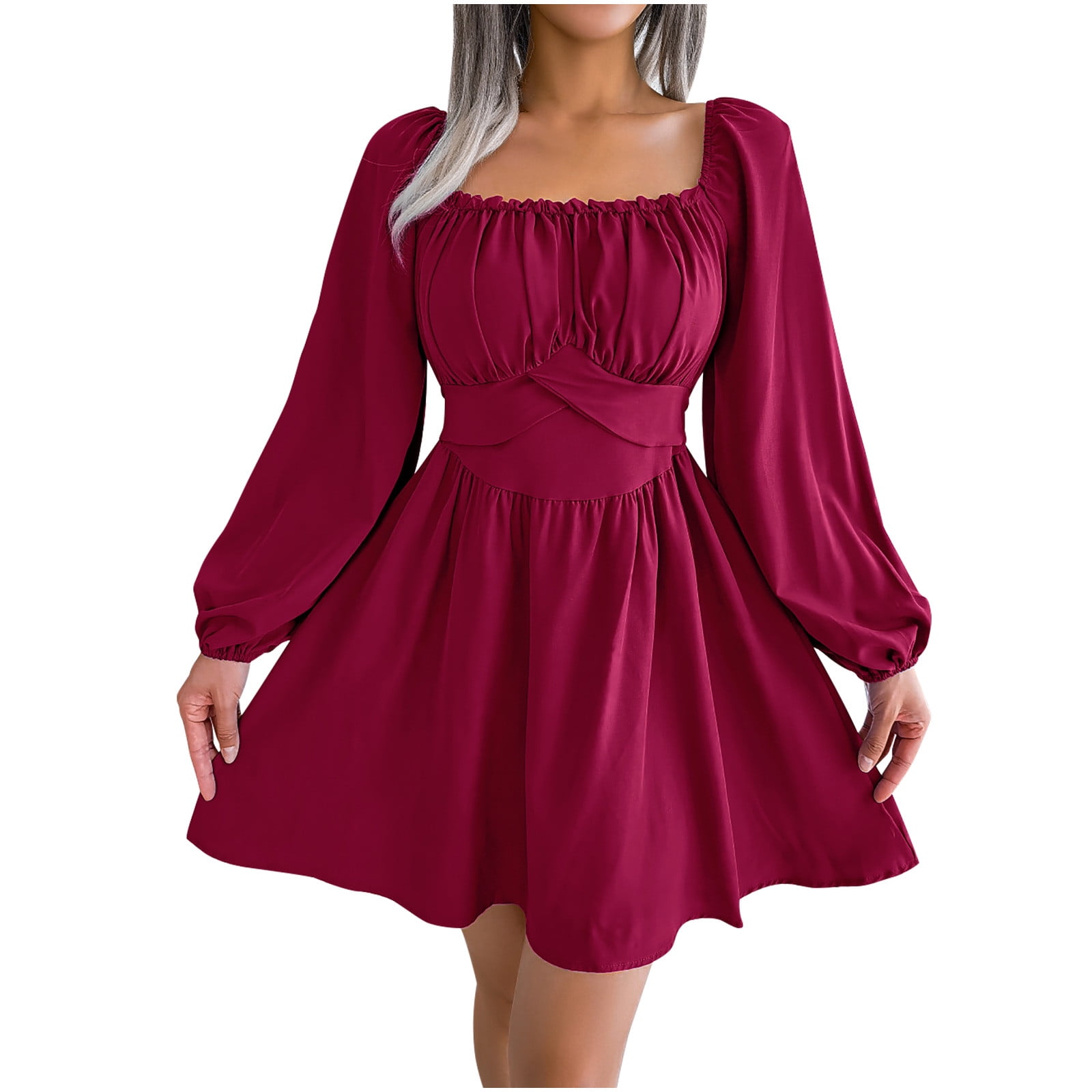 asdoklhq Dresses for Women Solid Color Wooden Ear Collar Waist Cinched ...