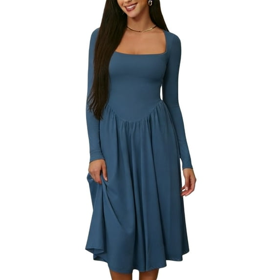 asdoklhq Elegant Dresses for Women Neck Long Sleeve Fitted-Waist Slim ...