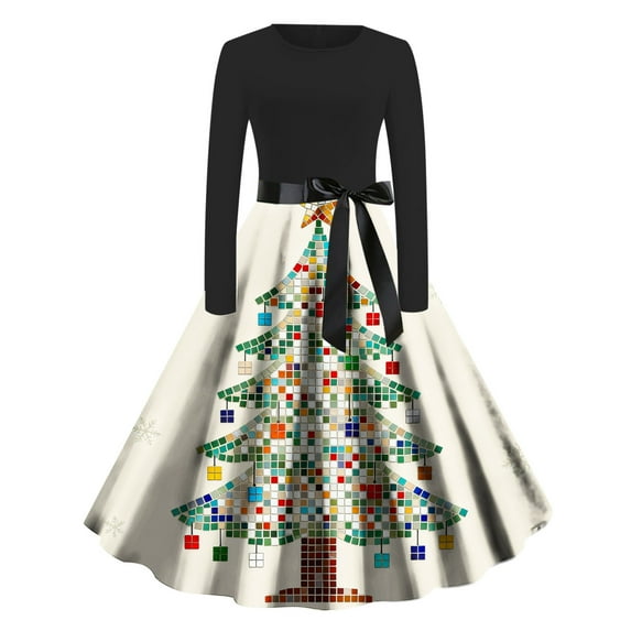 asdoklhq Floral Dress for Women Long-sleeved Round-neck Christmas ...