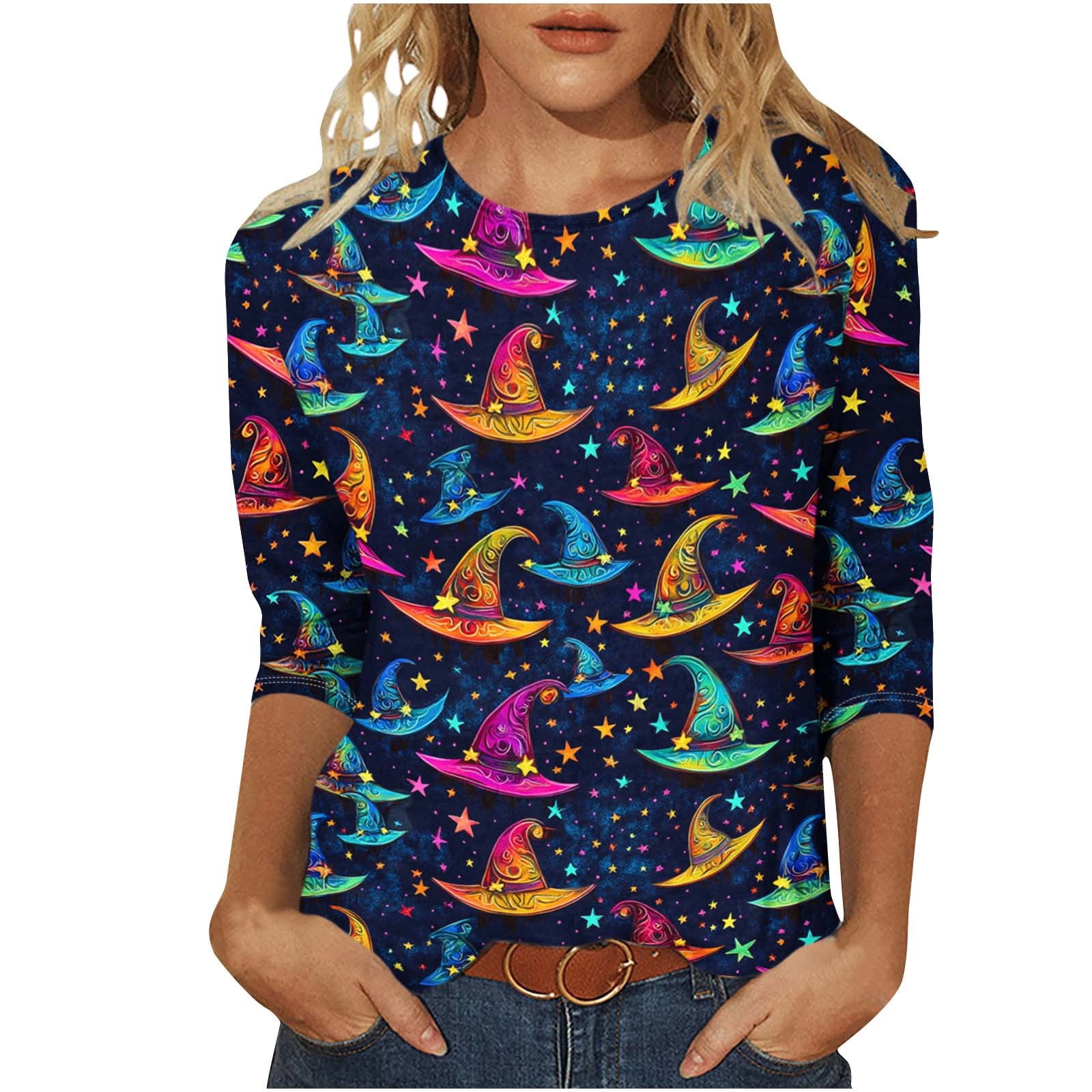 asdoklhq Halloween Pumpkin Tops Ladies' St. Patrick's Day Printed Round ...