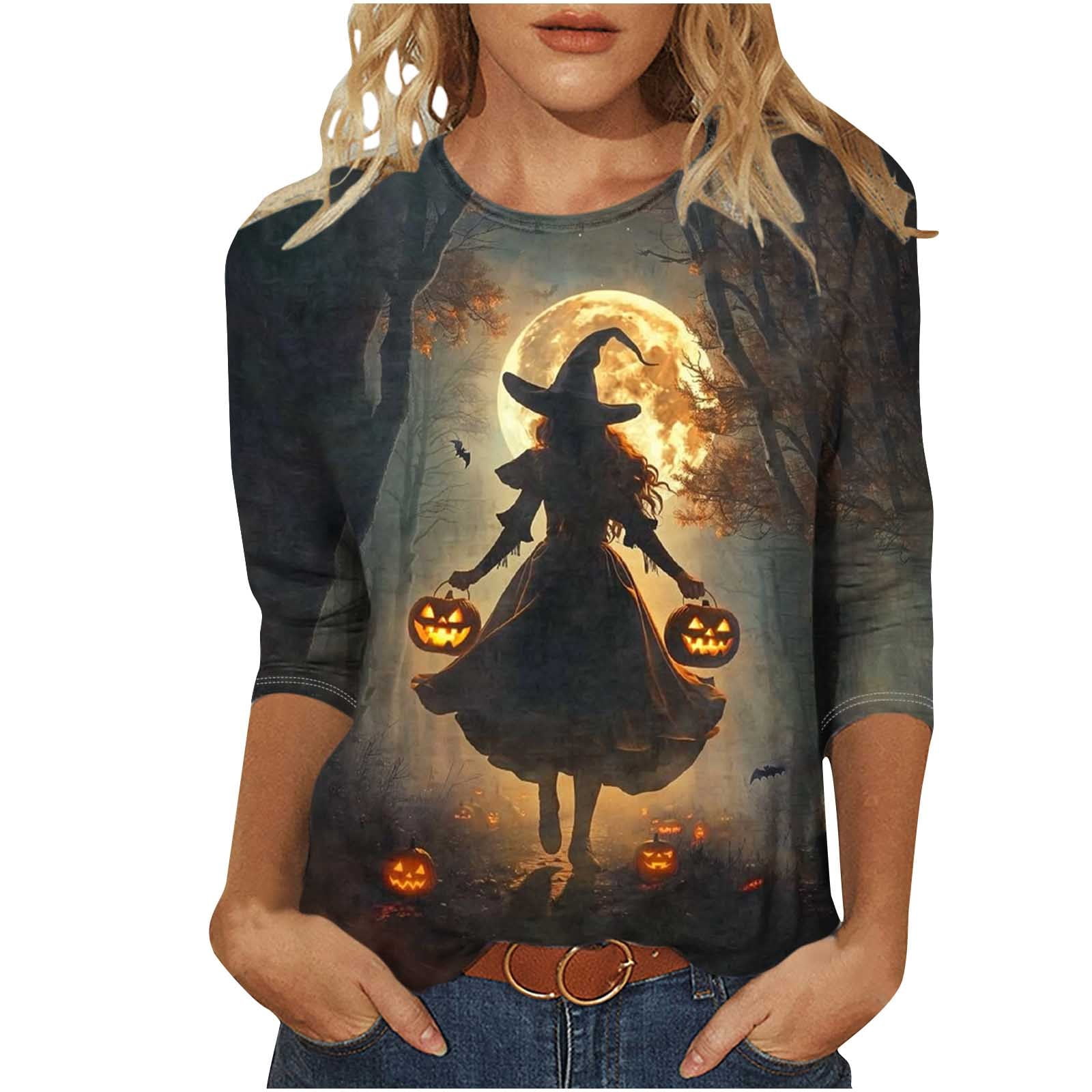 asdoklhq Halloween Tshirts Women Fashion Tees Casual Crewneck 3/4 ...