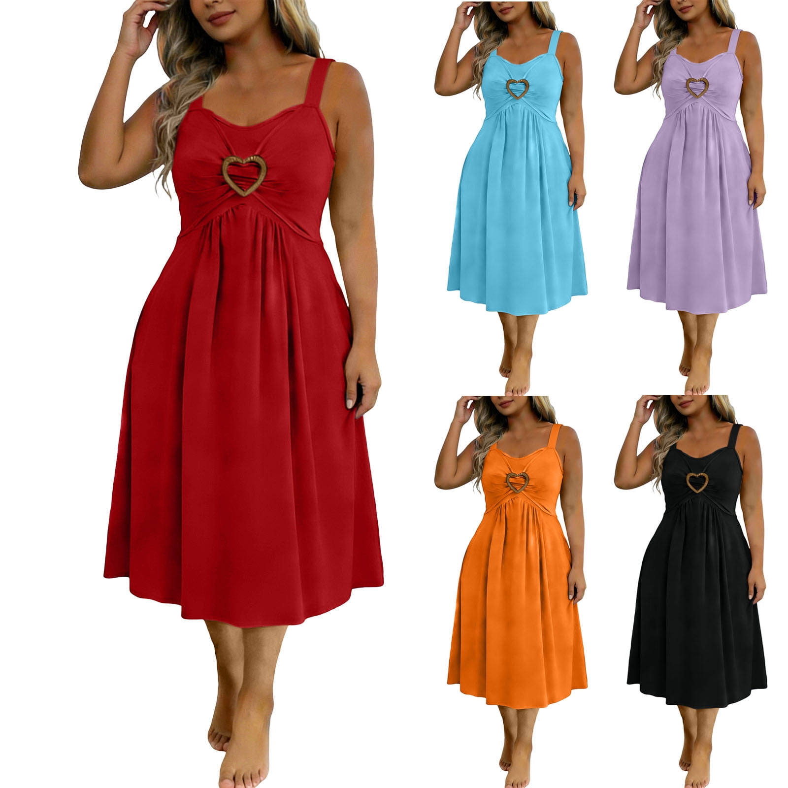 asdoklhq Holiday Dress Midi Beach Summer V Neck Sleeveless Mid Waist A ...