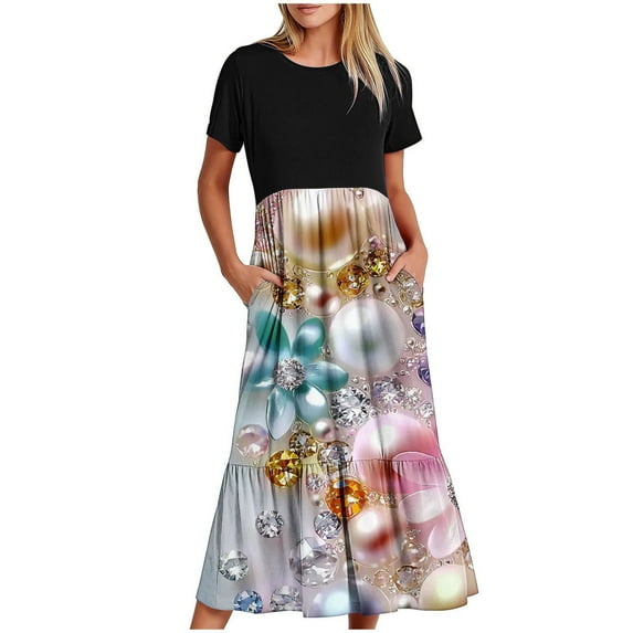 asdoklhq Holiday Dresses for Women Short Sleeve Women's Round-Neck ...