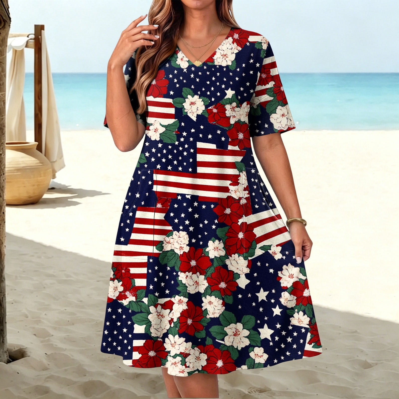 asdoklhq Linen Dress Women Beach July 4th Plus Size Independence Day ...