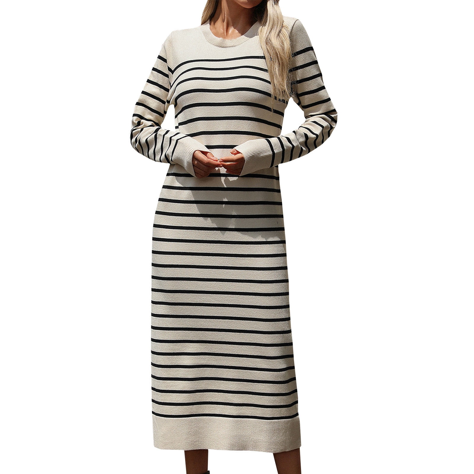 asdoklhq Long Dresses for Women Fashion Streak Printed Long Sleeve ...